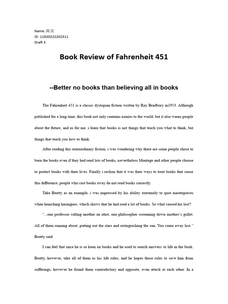 Book Review of Fahrenheit 451 陈昊 | PDF