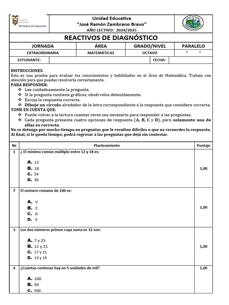 DIAGNOSTICO OCTAVO MATEMÁTICAS | PDF