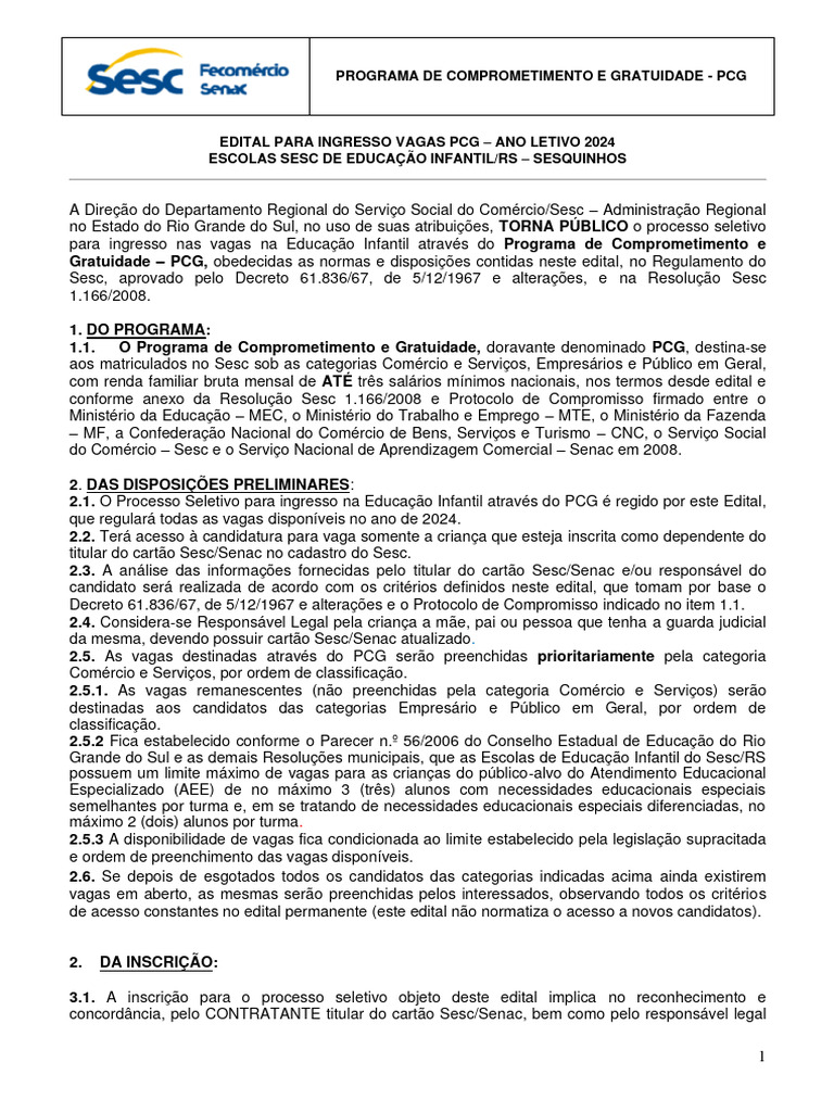 Edital PCG 2024: Vagas Educação Infantil Sesc/RS | PDF | Pré-escola | Renda
