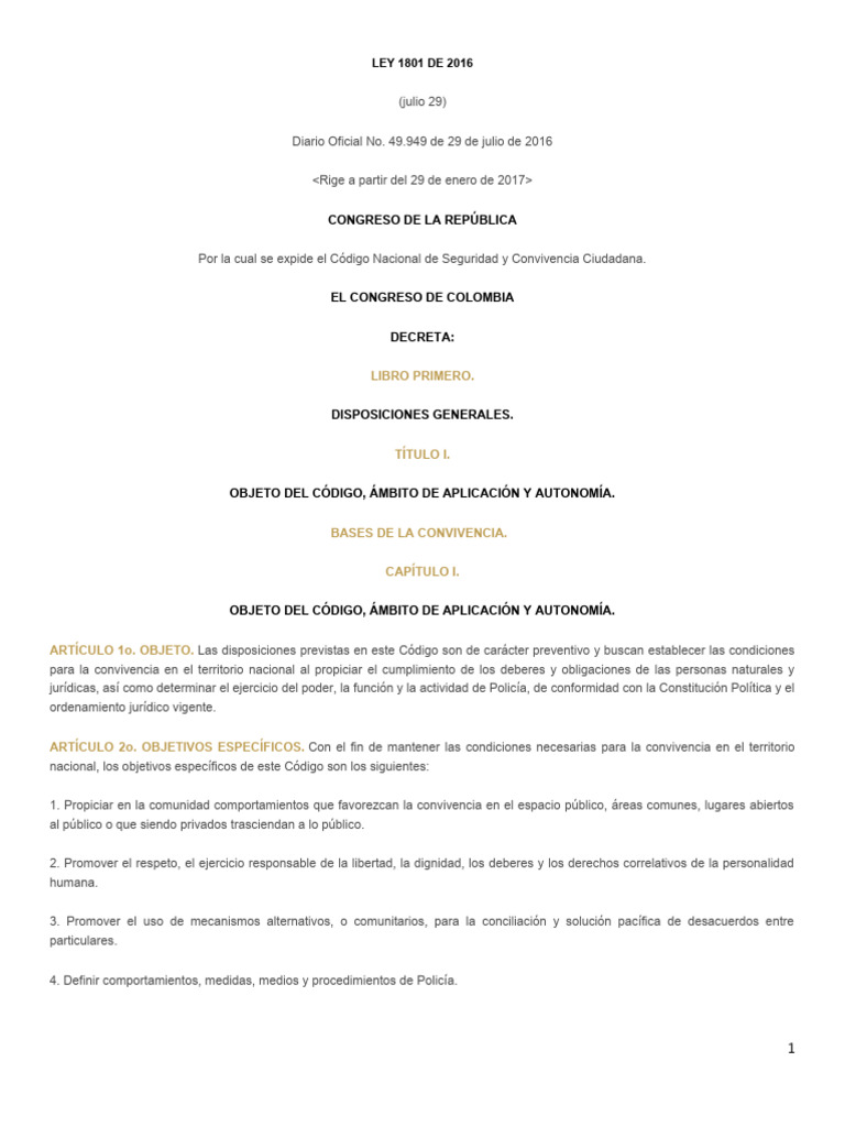 LEY 1801 DE 2016 | PDF | Policía | Multa (pena)