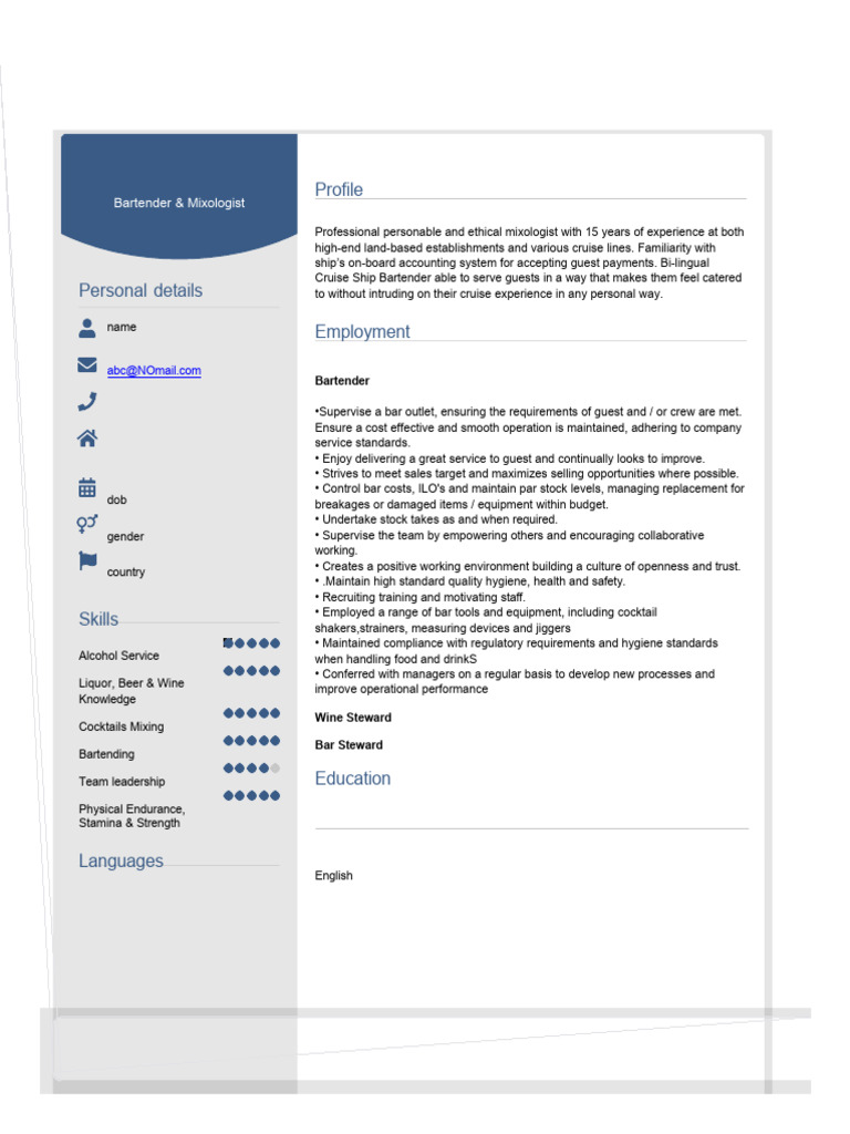 Bar Tender Resume Template | Download Free PDF | Bartender