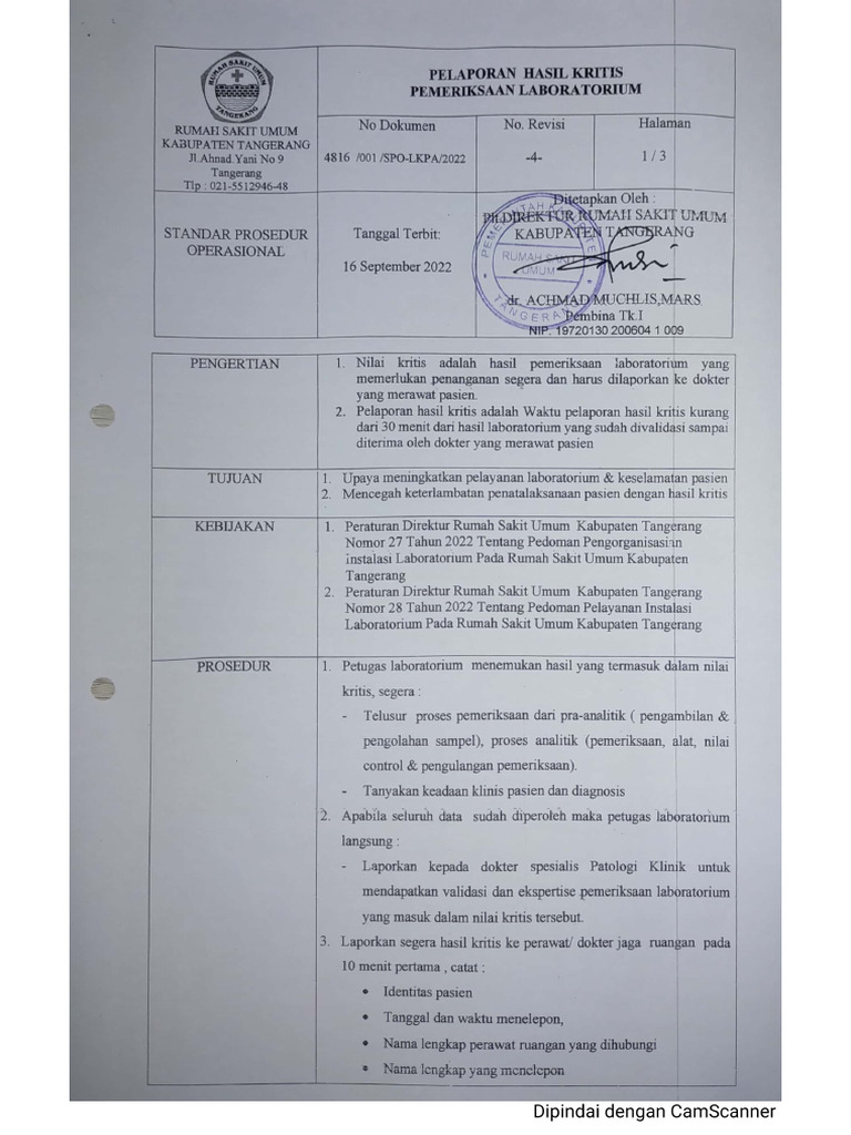 Ep Ii - 1 - Sop Nilai Kritis Laboratorium - SKP 2 | PDF