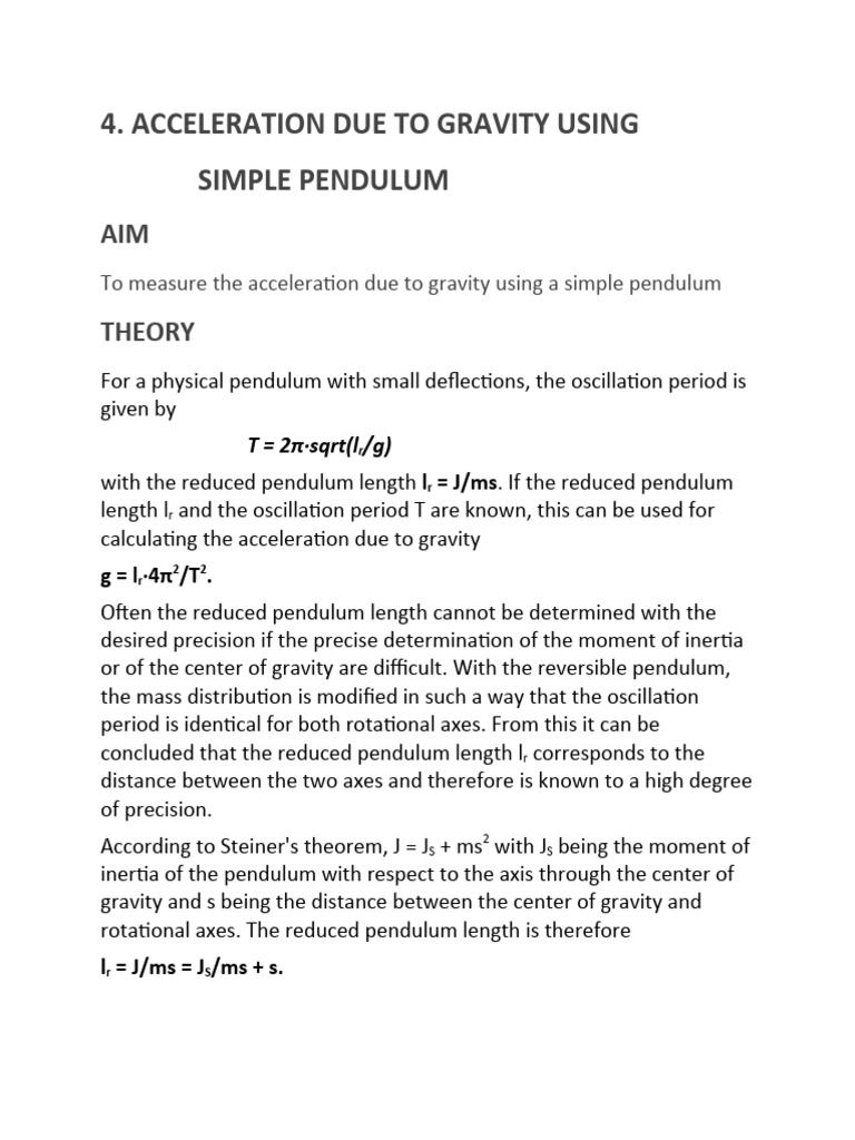 Acceleration Due To Gravity Using Simple Pendulum: AIM Theory | PDF | Pendulum | Gravity