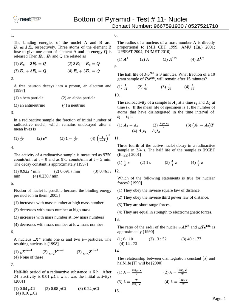 Test 11 - Nuclei - Bottom of Pyramid | PDF | Atomic Nucleus ...