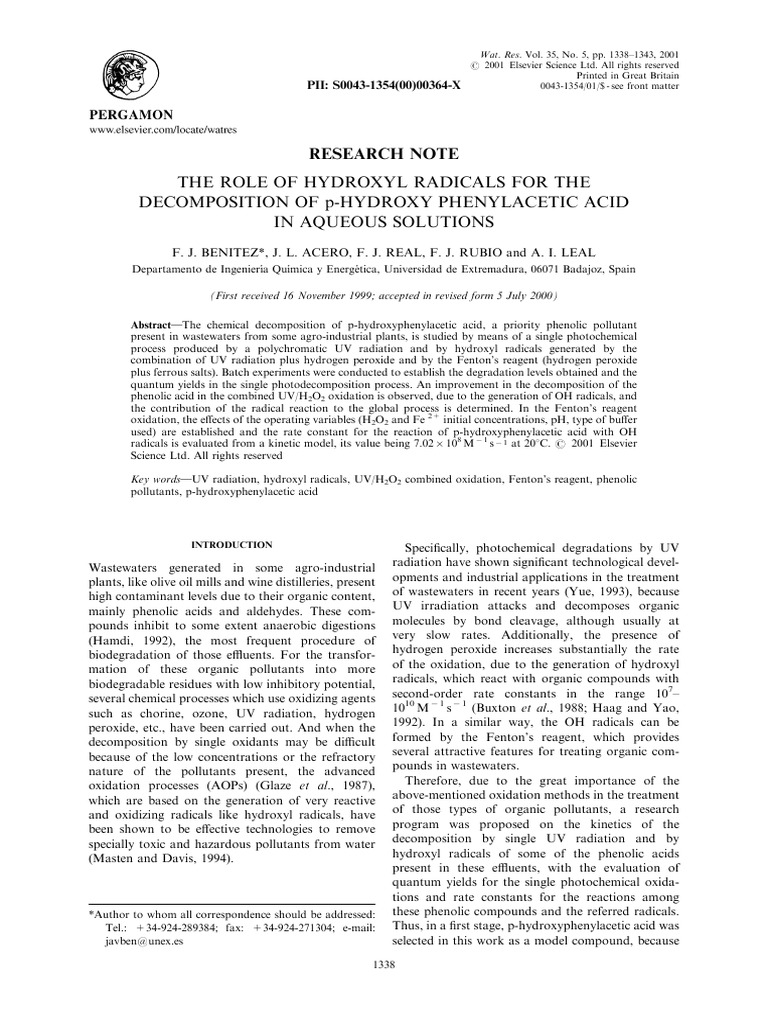 Hydroxyl Radicals in p-Hydroxy Acid Decomposition | PDF | Hydrogen ...