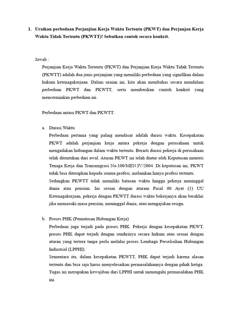 Uraikan Perbedaan Perjanjian Kerja Waktu Tertentu (PKWT) Dan Perjanjan Kerja Waktu Tidak ...