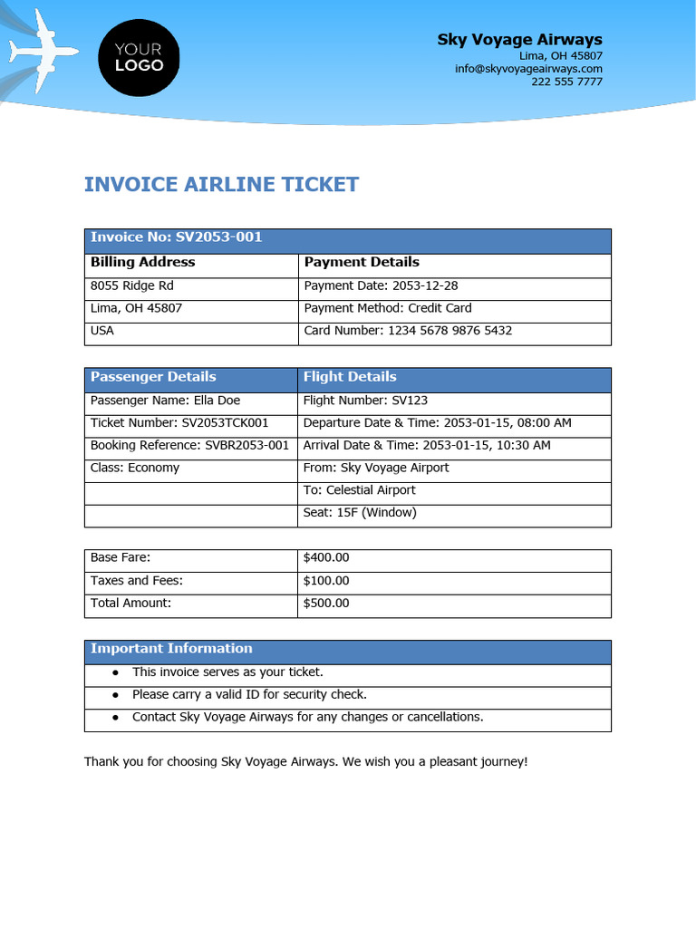 Invoice Airline Ticket Template | PDF