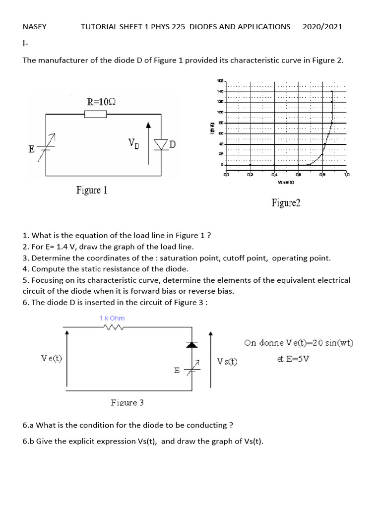 Tutorials Sheet No 1 Phys 225 Nasey Fev 2021 | PDF | Diode | Electrical Network