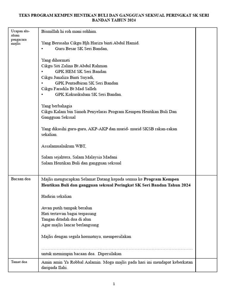 TEKS PENGACARAPelancaran Kempen Hentikan Buli dan gangguan seksual | PDF