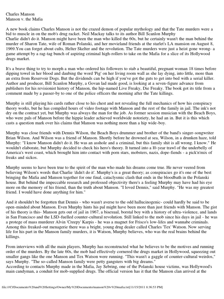 Manson V Mafia | PDF | Manson Family | Apocalypticists