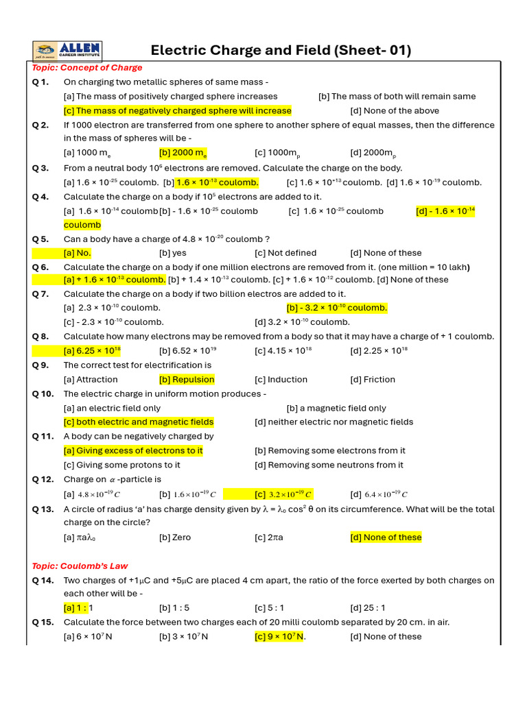 Electric Charge and Field Sheet - 01 - AnswerKey (Bipin Sir) | PDF ...