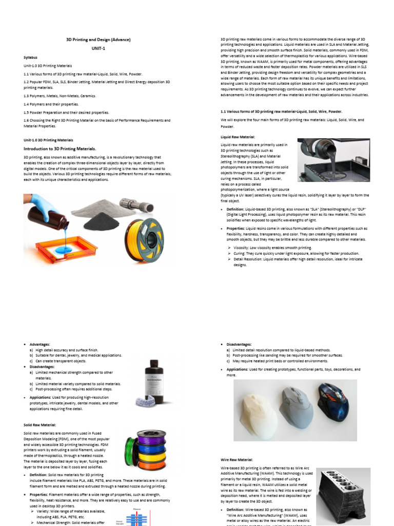 3D PRINTING Unit-1 1 | PDF | 3 D Printing | Metals