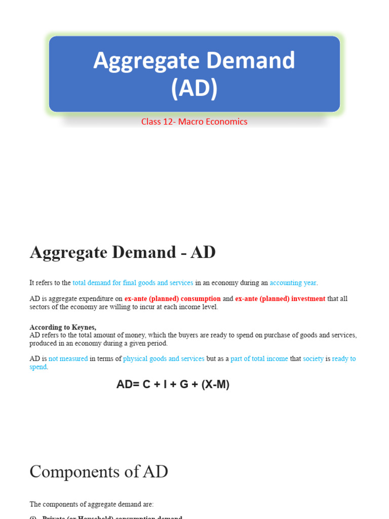 Aggregate Demand (AD) : Class 12-Macro Economics | PDF | Demand ...