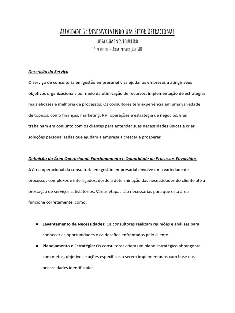 Atividade 3 - Desenvolvendo Um Setor Operacional | PDF | Gestão ...