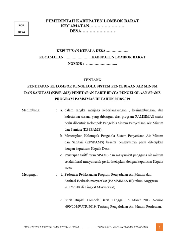 Contoh Draf Sk-Kpspams Pengelolaan Air Minum | PDF