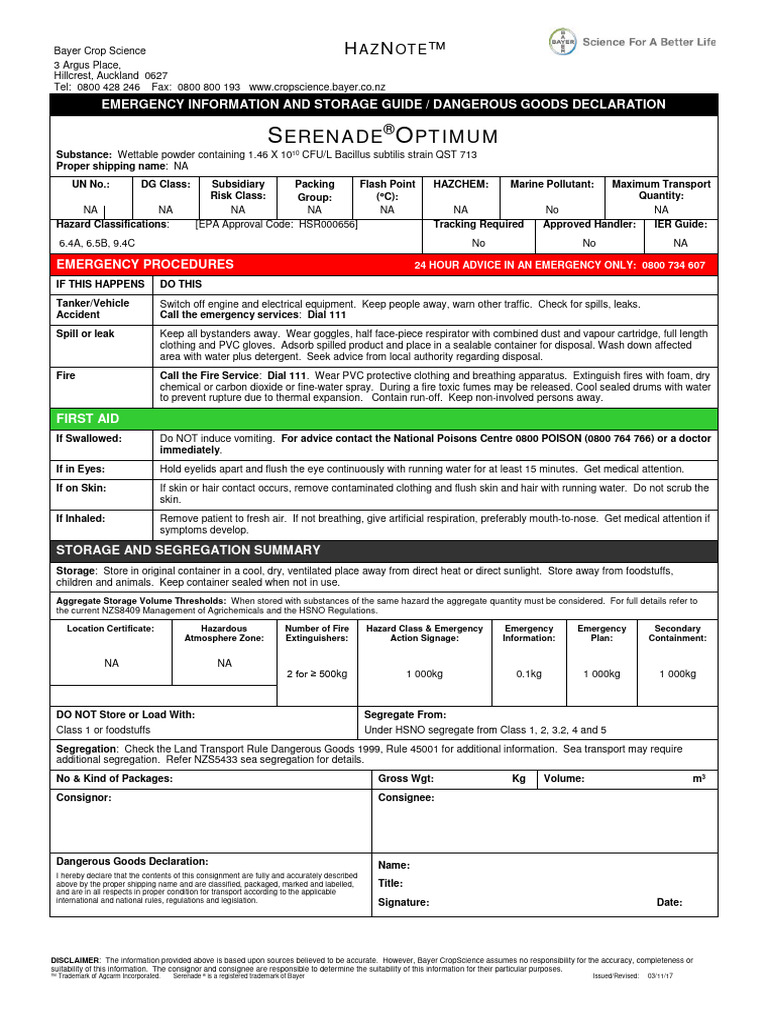 Serenade Optimum Haznote | PDF | Dangerous Goods | Occupational Safety ...