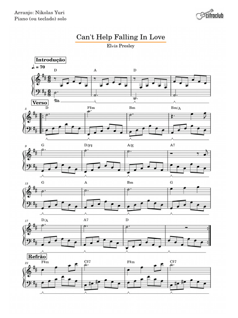 Piano Arrangement of "Can't Help Falling" | PDF