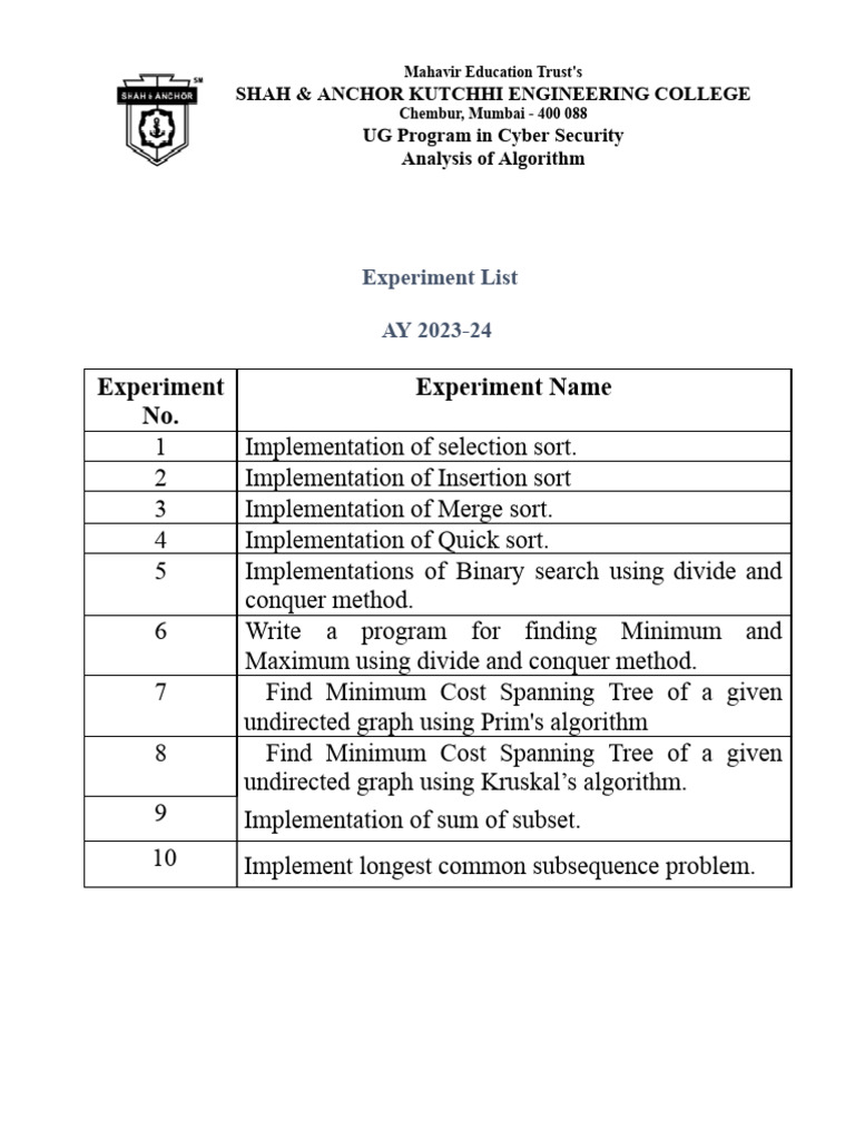 Experiment List and Viva Question (AOA) | PDF | Time Complexity ... Experiment List and Viva Question (AOA) | PDF | Time Complexity ...