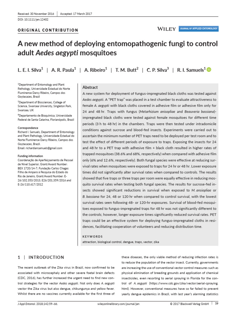 A new method of deploying entomopathogenic fungi to control adult Aedes aegypti mosquitoes ...