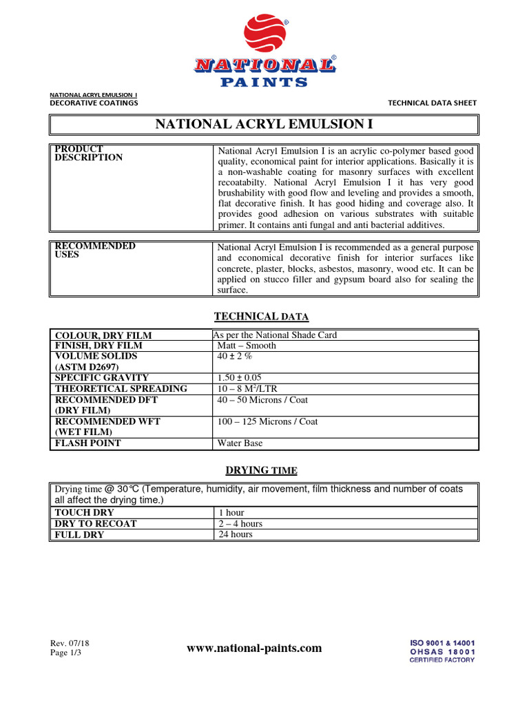 National Acryl Emulsion I | PDF | Paint | Plaster