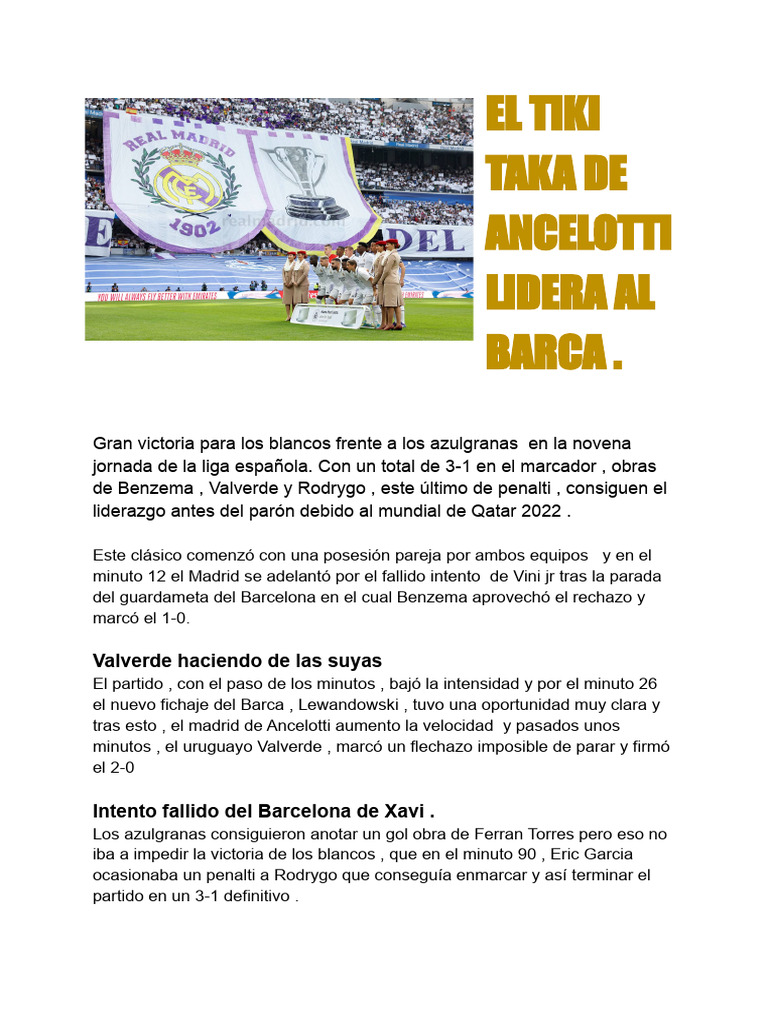 El Tiki Taka de Ancelotti Lidera Al Barca | PDF