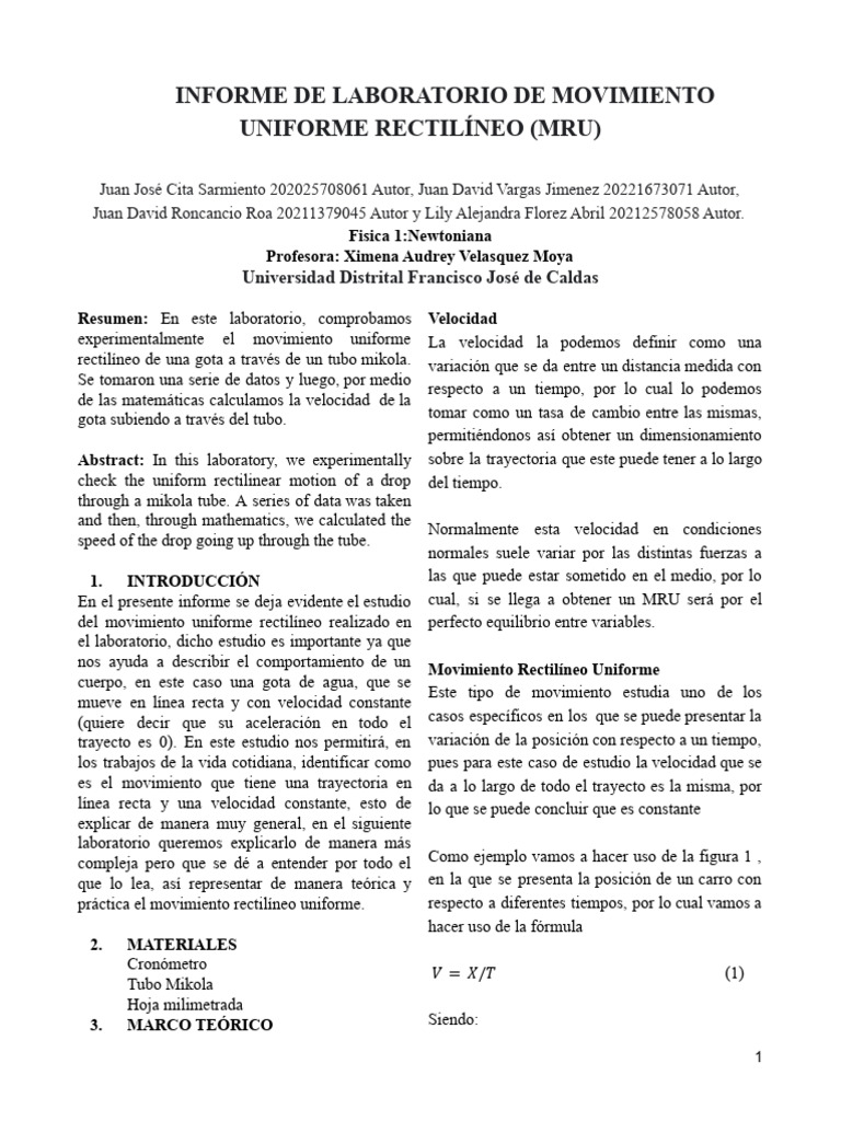 Informe Lab MRU | PDF | Velocidad | Aceleración