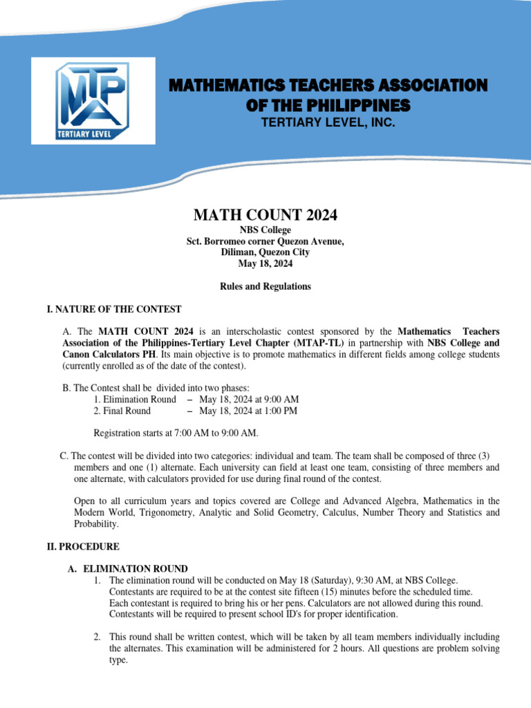 Math Count 2024 Rules and Regulations | PDF | Mathematics
