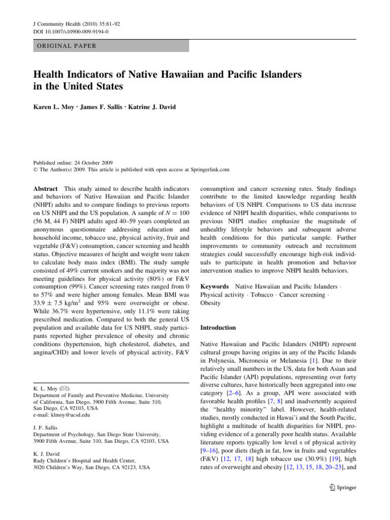 Health Indicators of Native Hawaiian and Pacific Islanders in The ...