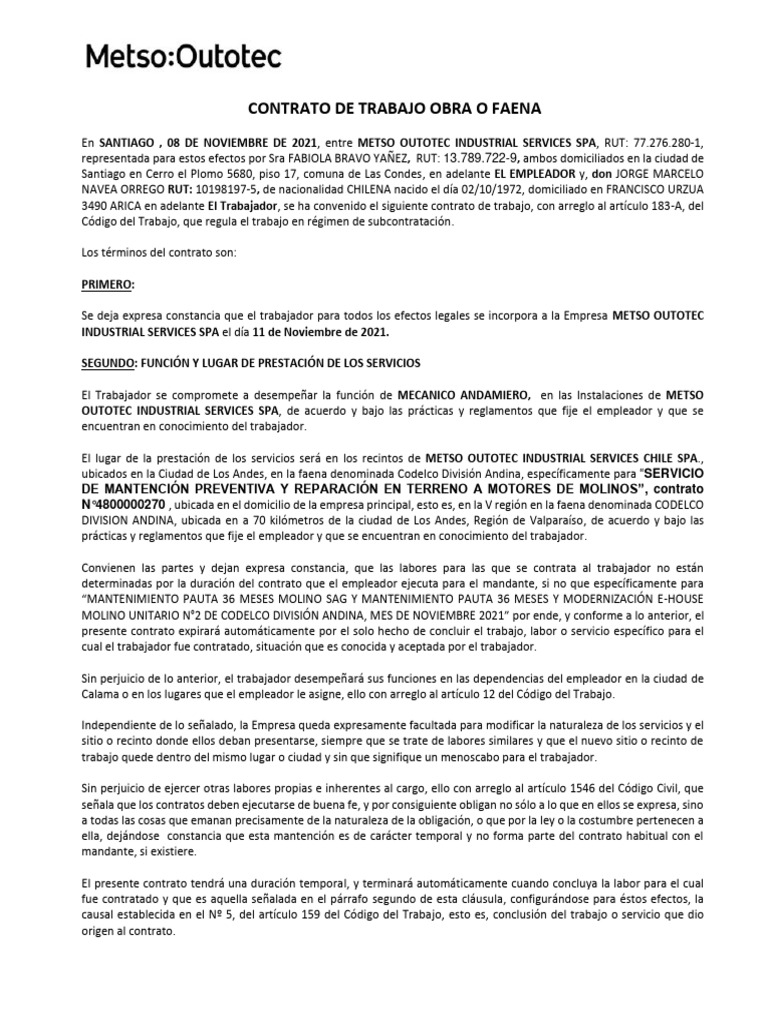 Contrato Trabajo JORGE NAVEA | PDF | Derecho laboral | Tiempo de trabajo