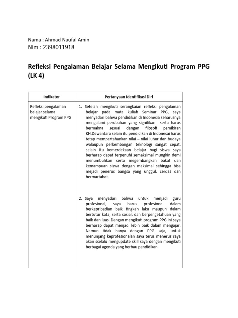 LK4-Format Refleksi Pengalaman Belajar Selama Mengikuti Program PPG | PDF