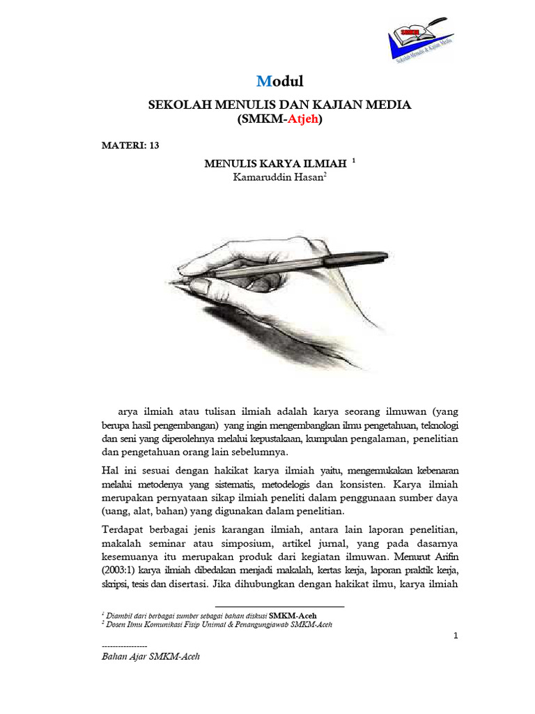 Materi 13 MENULIS KARYA ILMIAH - Modul SMKM-Aceh 13 | PDF | Ilmu Sosial | Seni & Disiplin Bahasa
