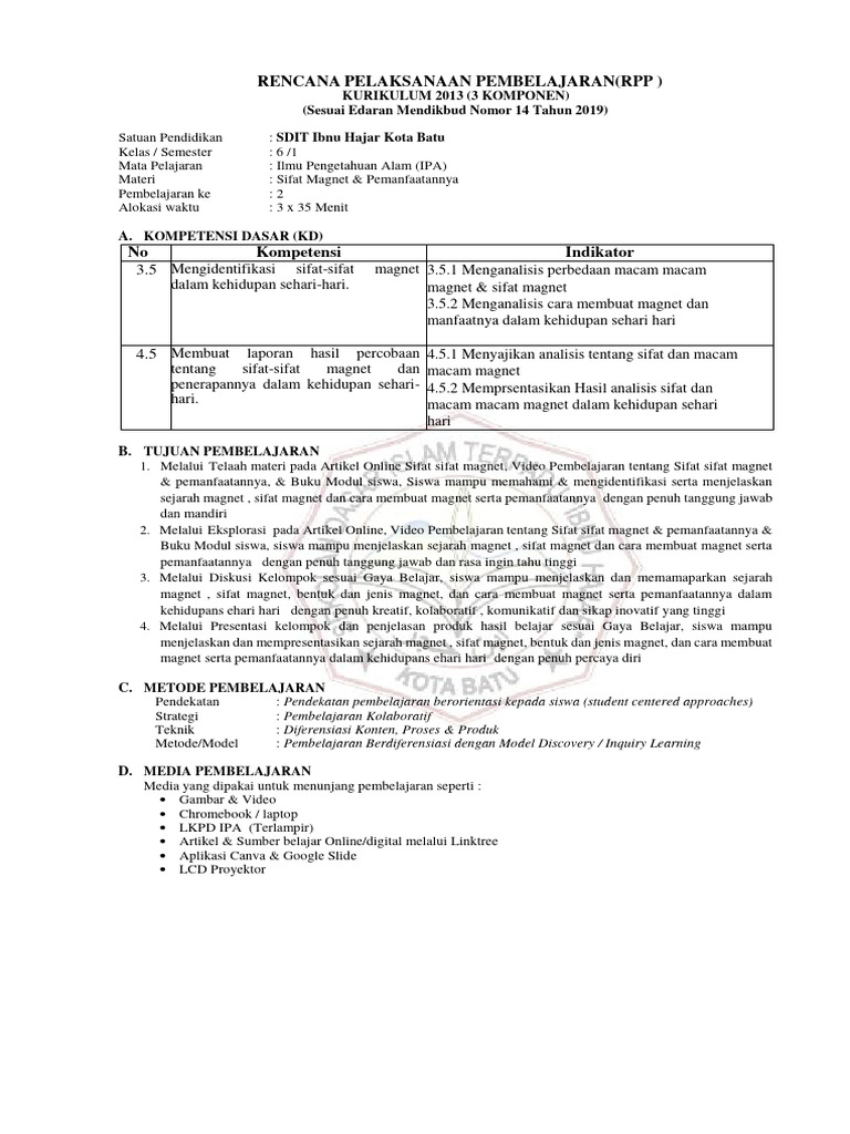RPP BERDIFERENSIASI - IPA - Sifat Magnet - Kelas 6 - SMT1 - (RUDI PURNOMO - 858858361) | PDF