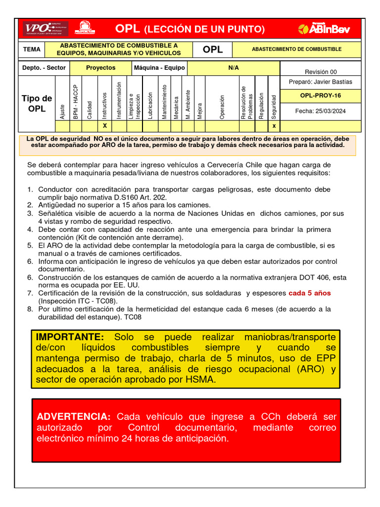 Opl-Proy-16 Abastecimiento de Combustible | PDF | Análisis de Riesgo y Puntos Críticos de ...