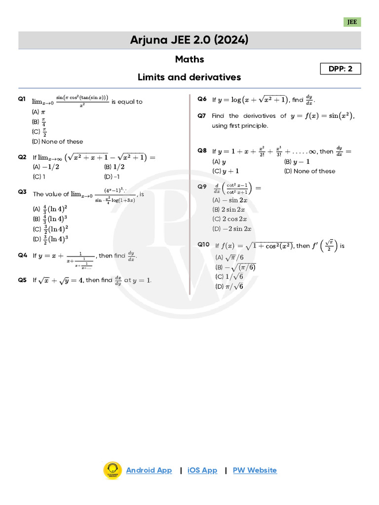 Limits & Derivatives - DPP 02 (Of Lec 03) - Arjuna JEE 2.0 2024 | PDF