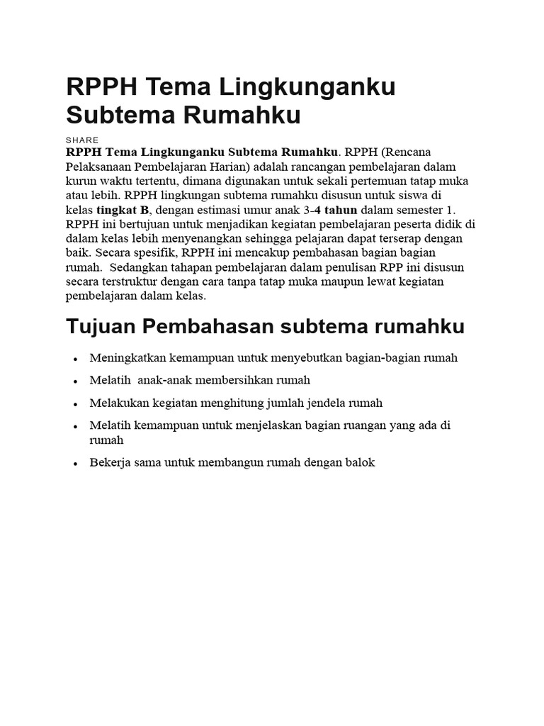 RPPH Tema Lingkunganku Subtema Rumahku Ruang Makan | PDF | Karier & Perkembangan