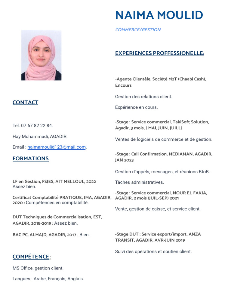 CV de Naima Moulid en Commerce/Gestion | PDF