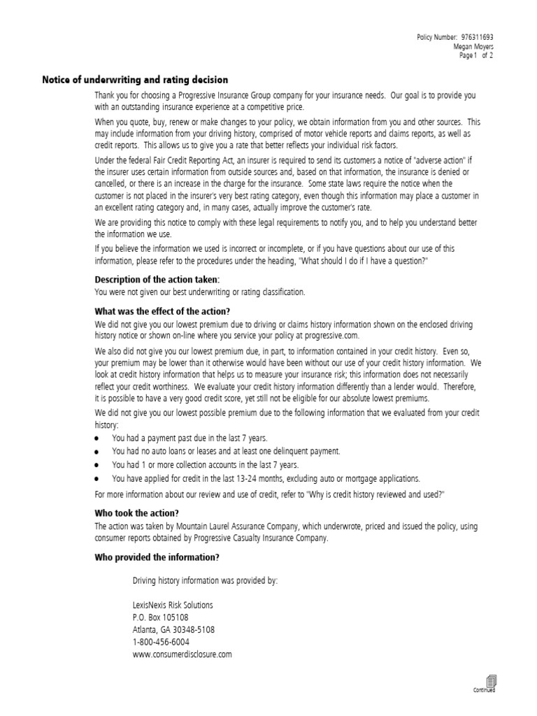 Rating_Underwriting Notice | PDF | Insurance | Credit History