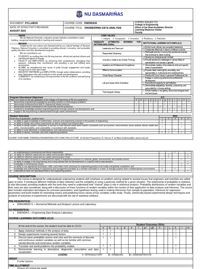 ENENDA30 - Engineering Data Analysis-1 | PDF | Statistics | Engineering