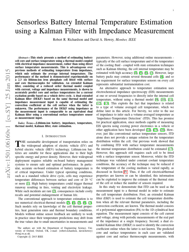 Sensorless Battery Internal Temperature Estimation Using A Kalman