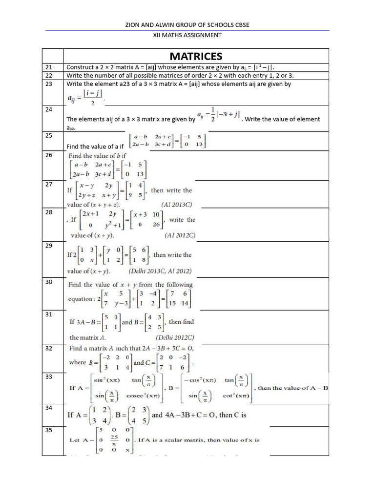 Xii General Maths Assignment 24-25 | PDF | Matrix (Mathematics) | Mathematical Objects
