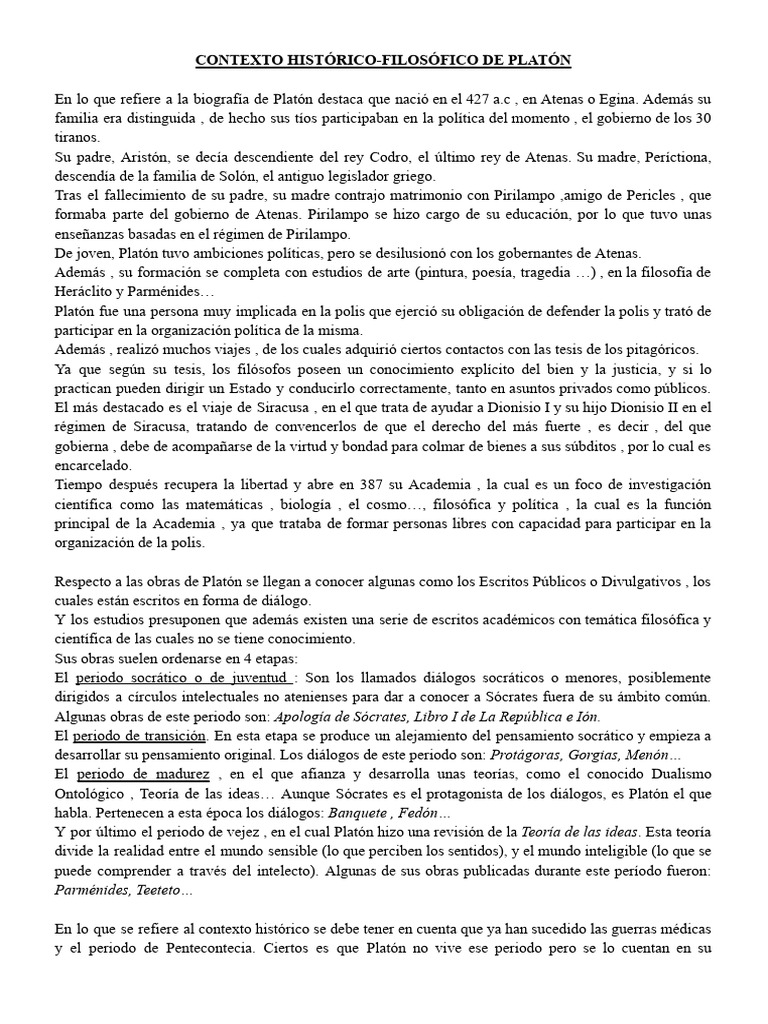 CONTEXTO HISTÓRICO-FILOSÓFICO DE PLATÓN | PDF | Platón