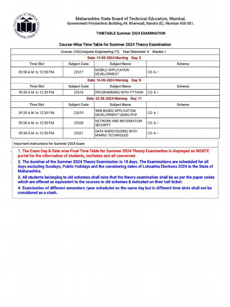 Time Table Summer 2024 | PDF