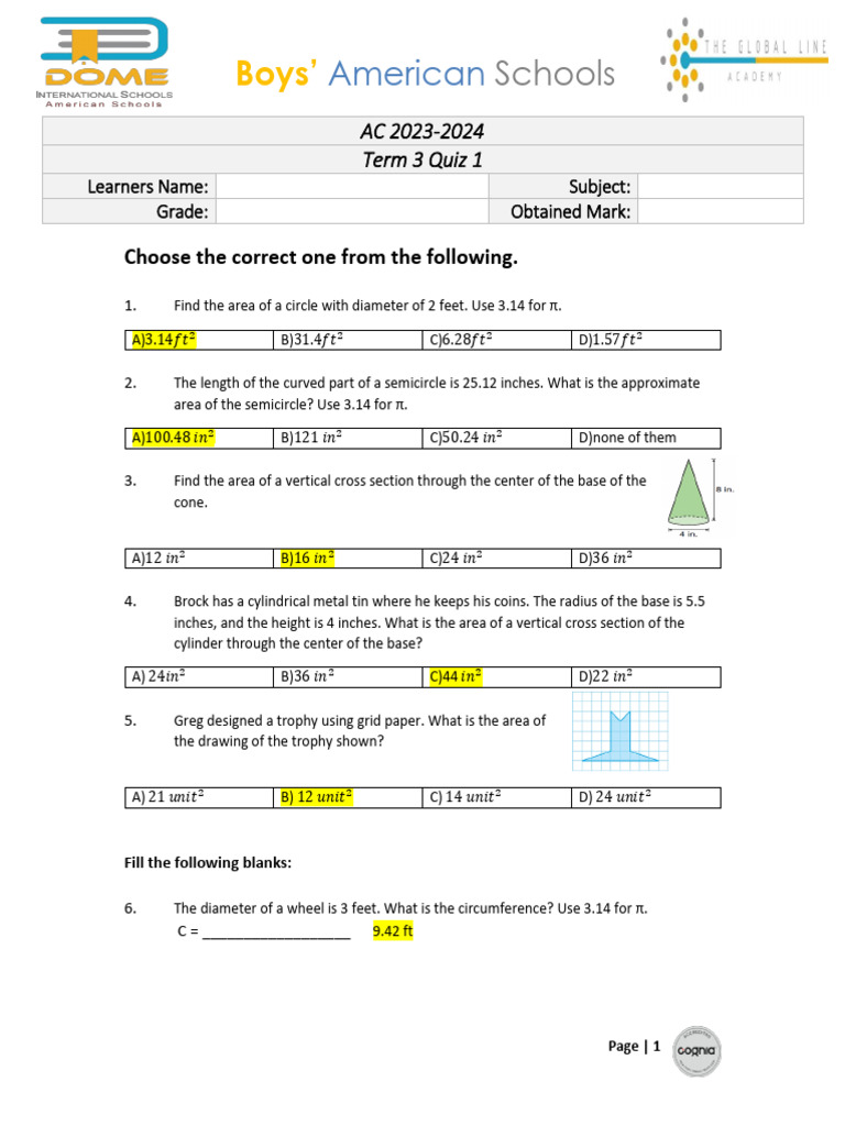 Grade 7 Quiz Term 3 (Ans) | PDF | Area | Elementary Geometry