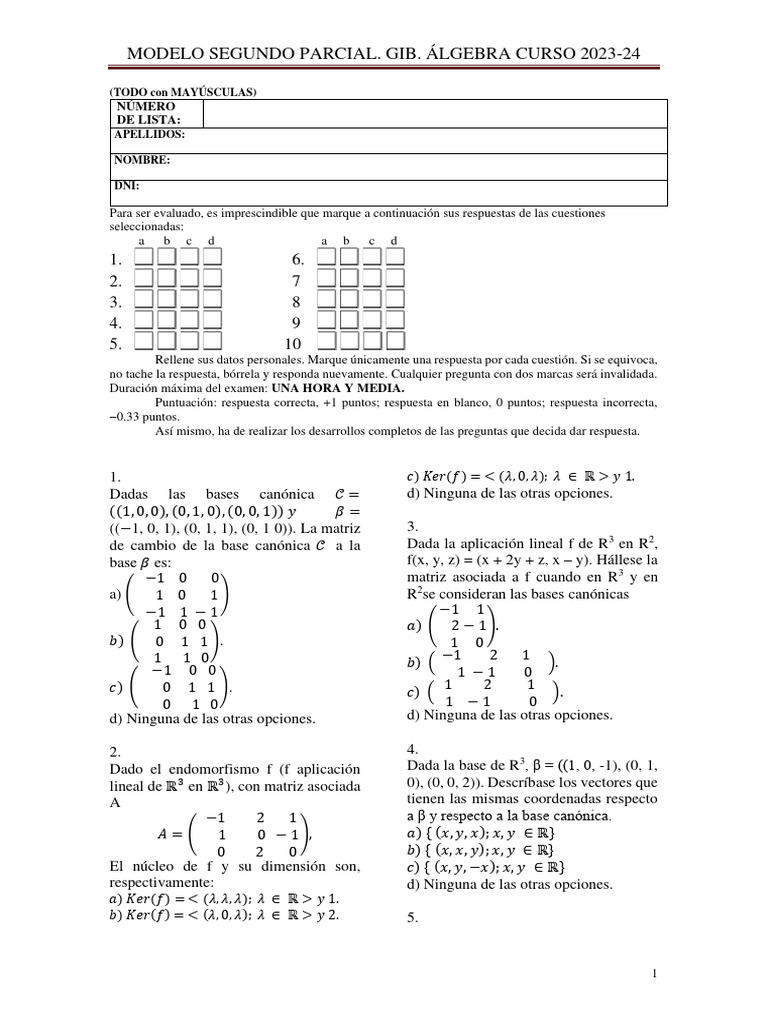 MODELO ALGEBRA GIB SEGUNDO PARCIAL (2) | PDF | Valores propios y vectores propios | Matriz ...