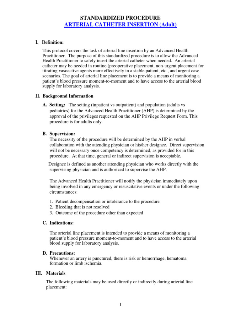 Arterial Line Placement (Adult) | PDF | Intravenous Therapy | Physician