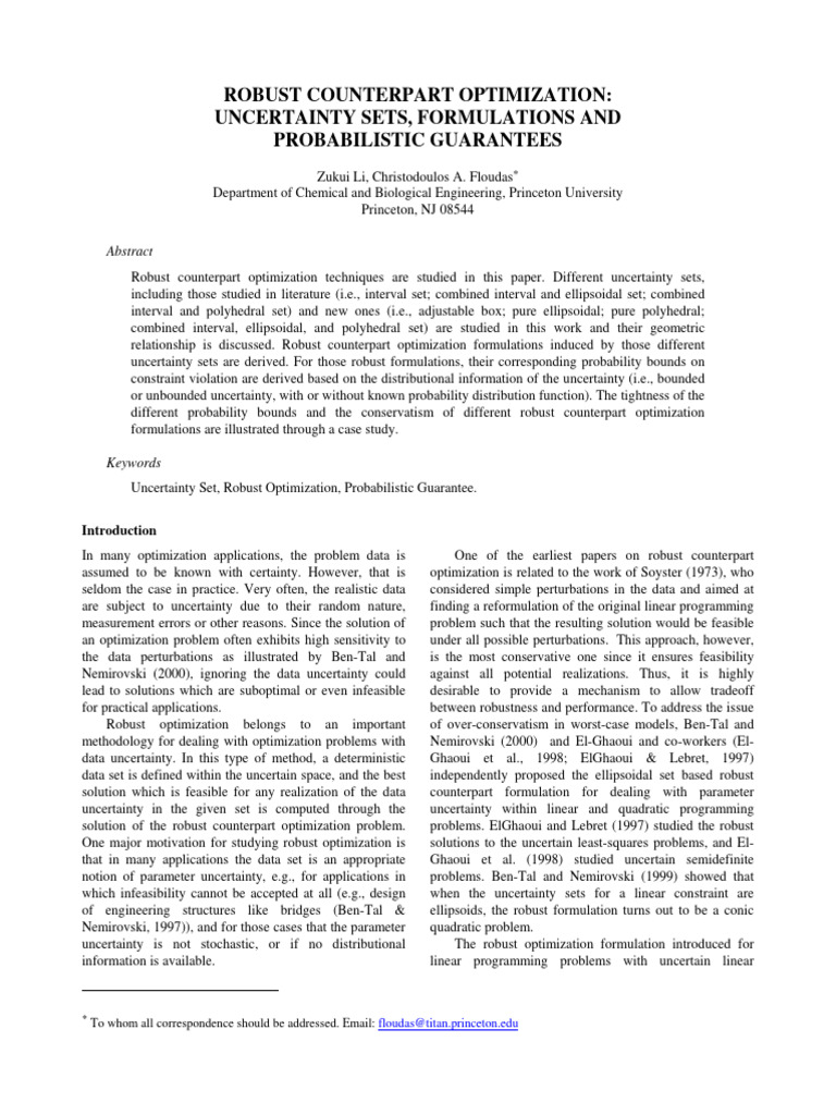 Robust Counterpart Optimization: Uncertainty Sets, Formulations and Probabilistic Guarantees ...