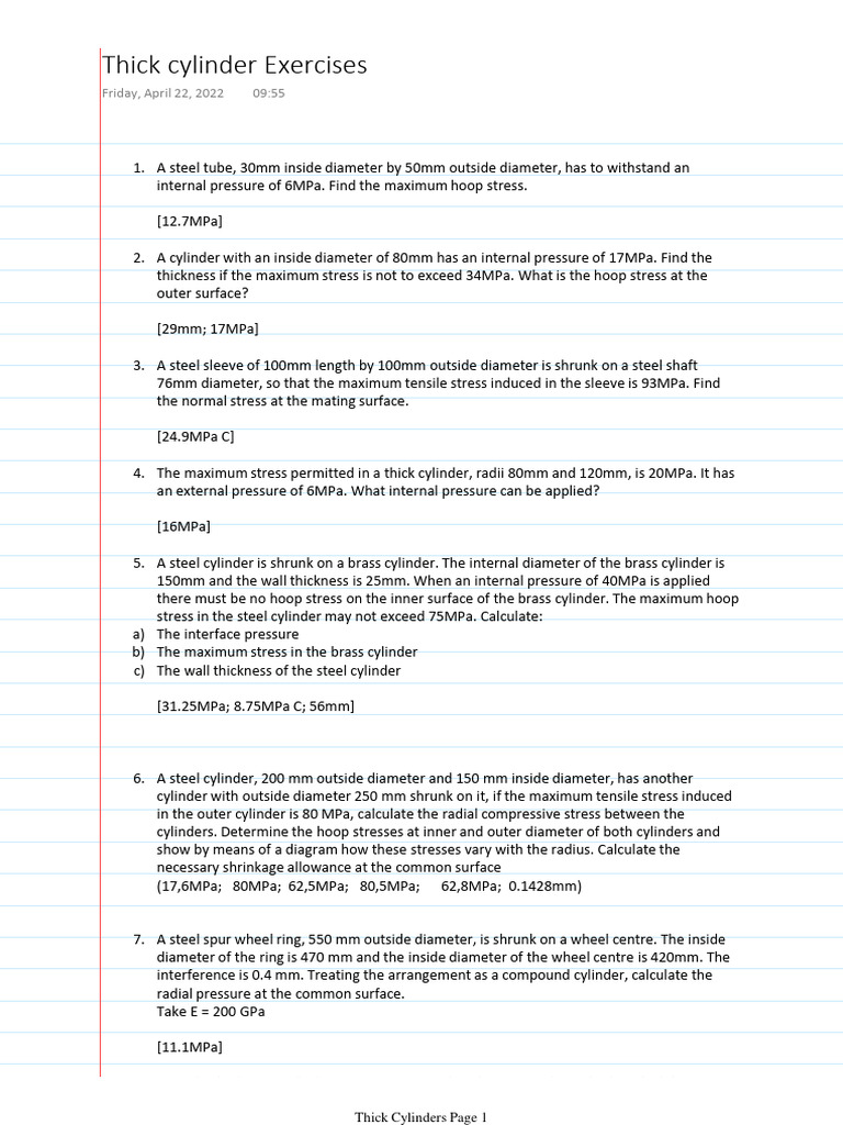 Thick Cylinder Exercises | PDF | Stress (Mechanics) | Mechanics