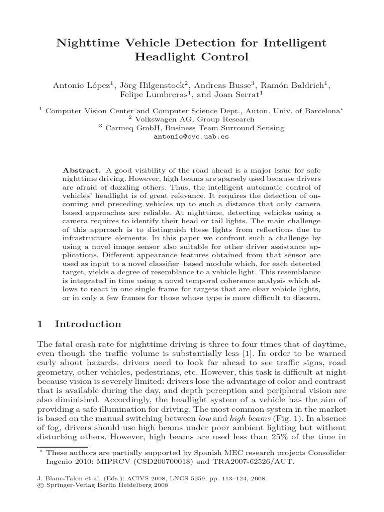 Nighttime Vehicle Detection For Intellig | PDF | Headlamp | Computer Vision