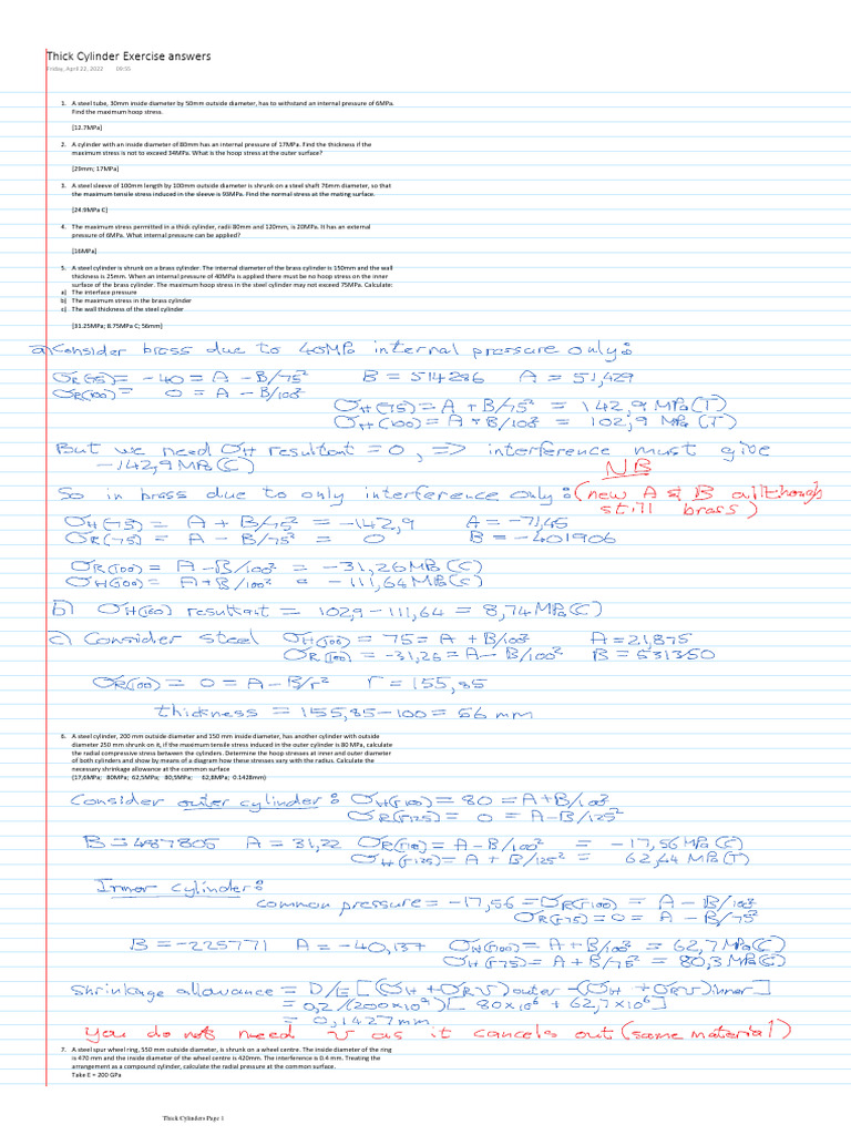 Thick Cylinder Exercise Answers | PDF | Stress (Mechanics) | Mechanics