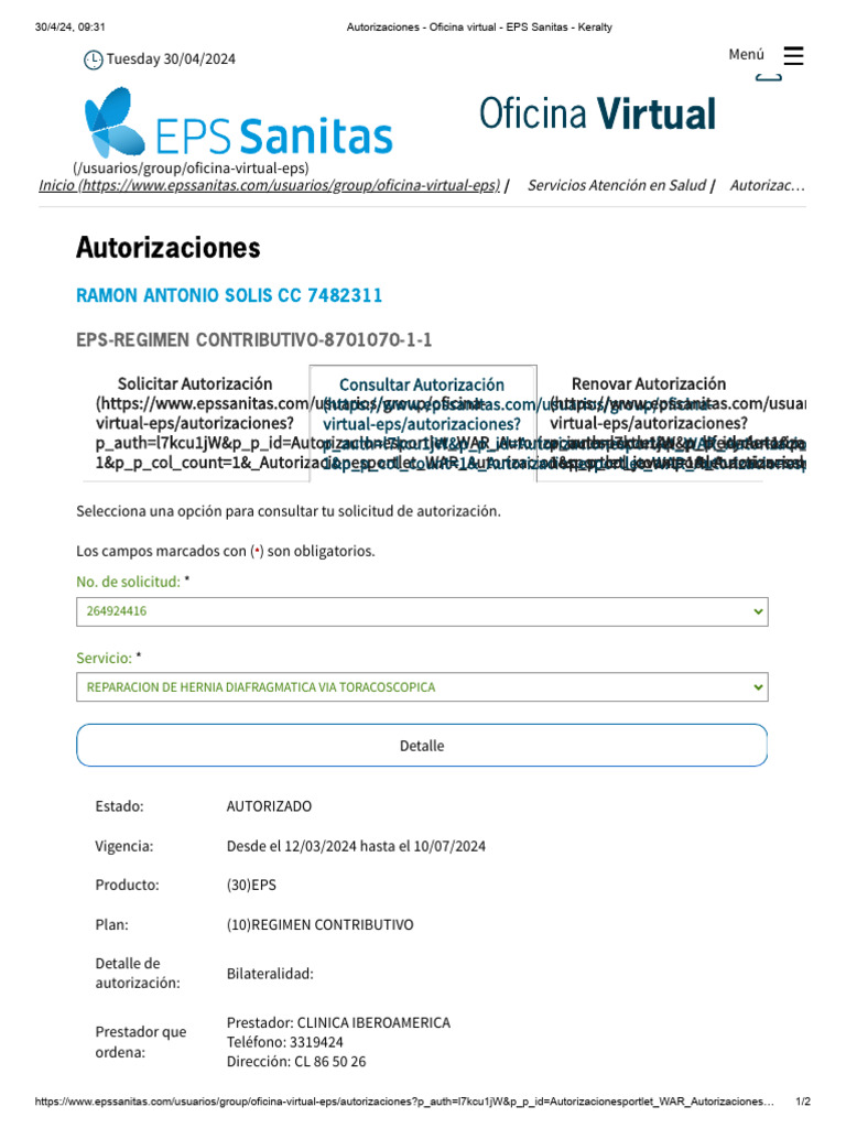 Autorizaciones - Oficina Virtual - EPS Sanitas - Keralty | PDF
